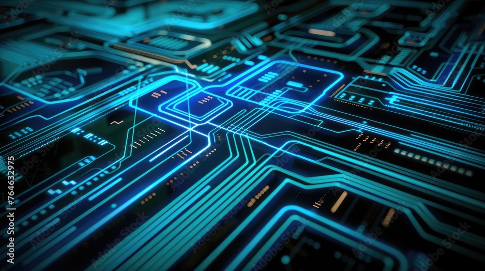 Illuminated circuit board pathways representing the intricate flow of ...