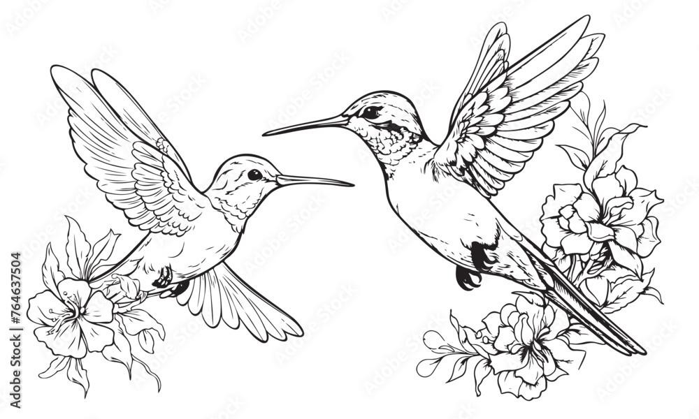 Hand drawn humming birds isolated on white. Monochrome flying ...