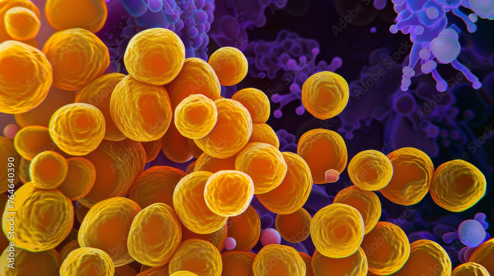 Clustered spherical bacteria cells are depicted in vibrant orange and ...