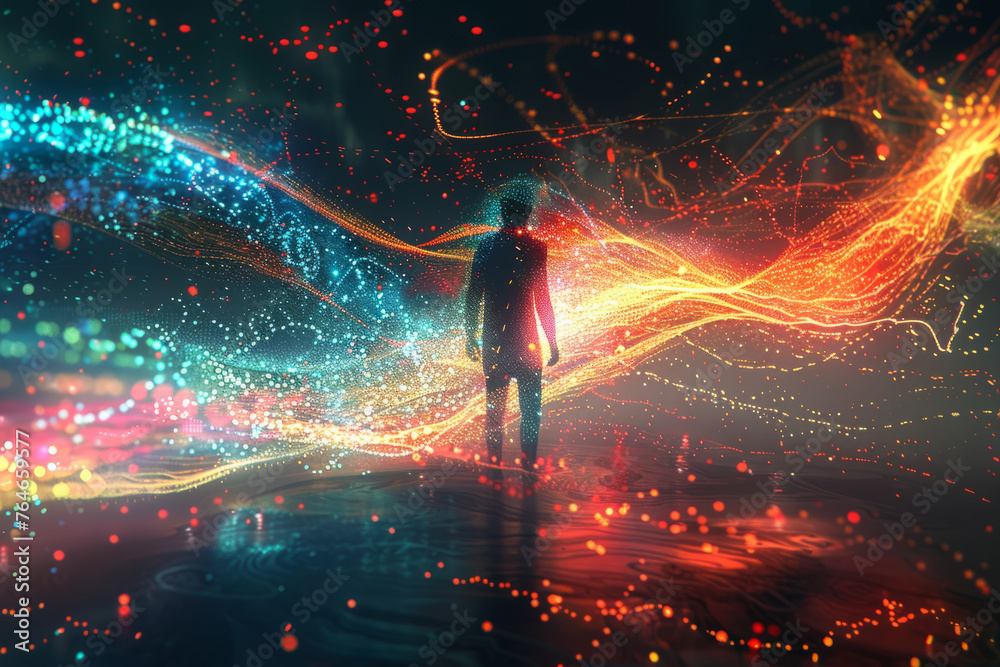 A pixelated digital humanoid silhouette intersected by a vibrant web of ...