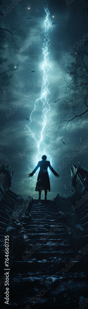 A witch soars above an ancient cemetery, casting spells that illuminate ...