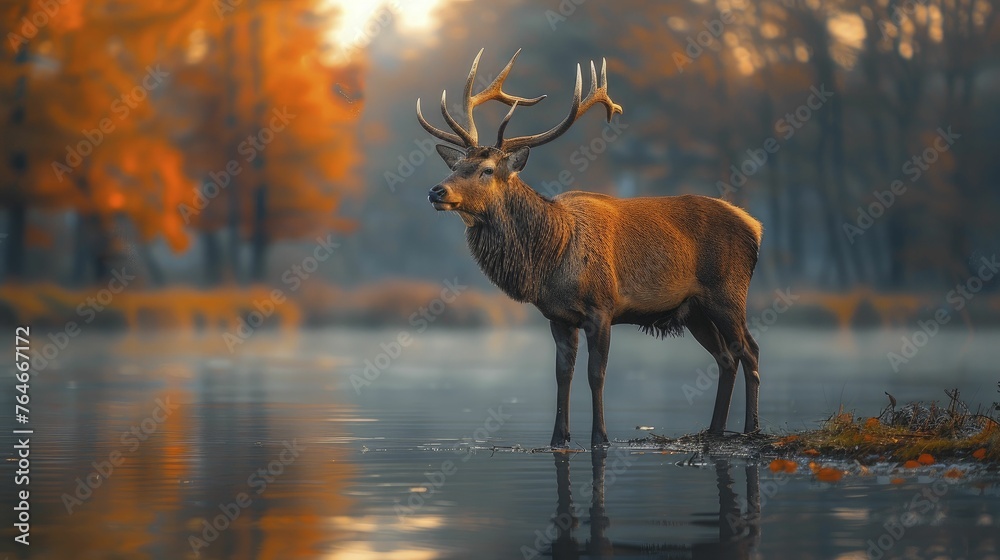 A majestic stag peacefully gazes at its reflection melding with ...