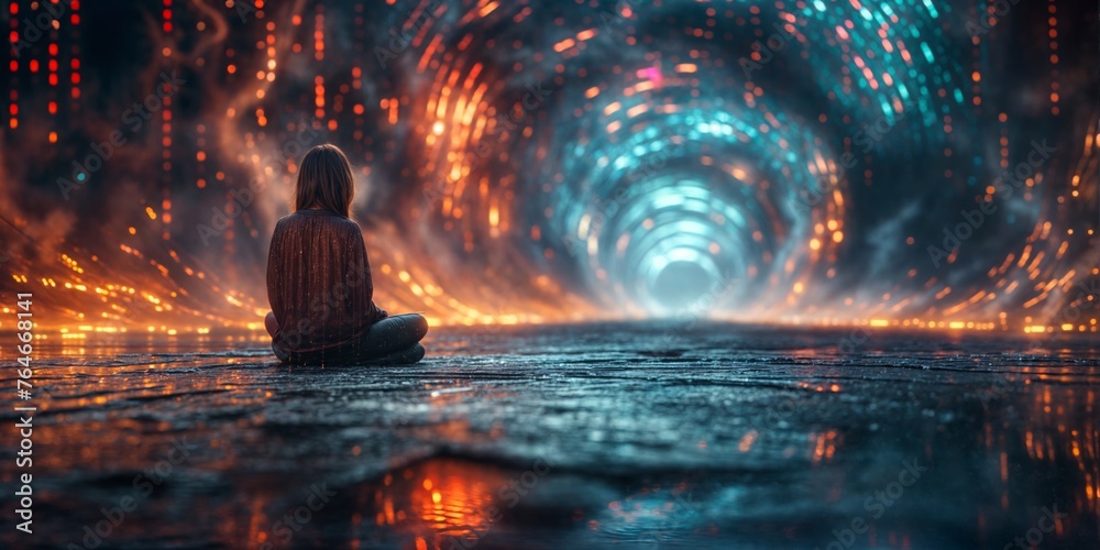 A young man sitting cross-legged on a floating, oversized laptop in a ...
