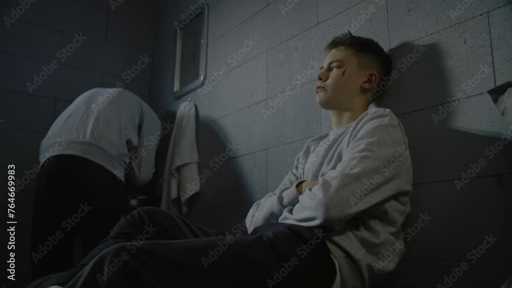 Upset Caucasian teenage prisoner sits on the bed in prison cell ...