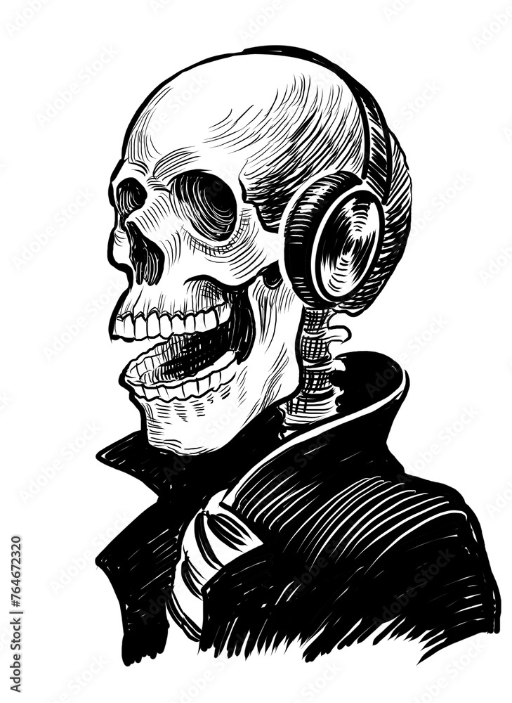Poster Human skeleton in leather jacket and headphones, listening to ...