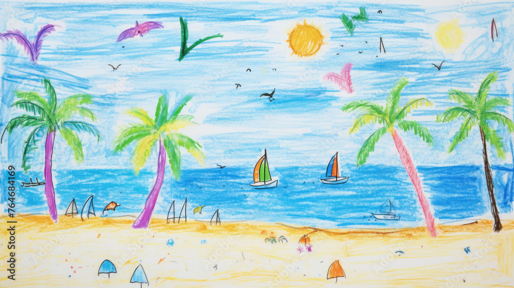 Holiday Beach Background Art Backdrop. Cute cartoon oil pastel drawing ...