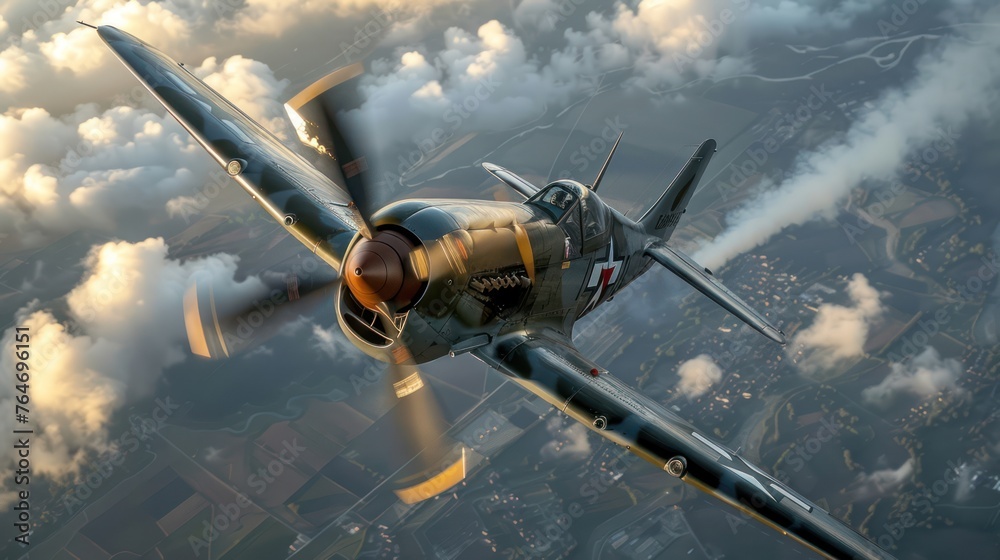 World War II fighter plane is flying and shoots an enemy plane in ...