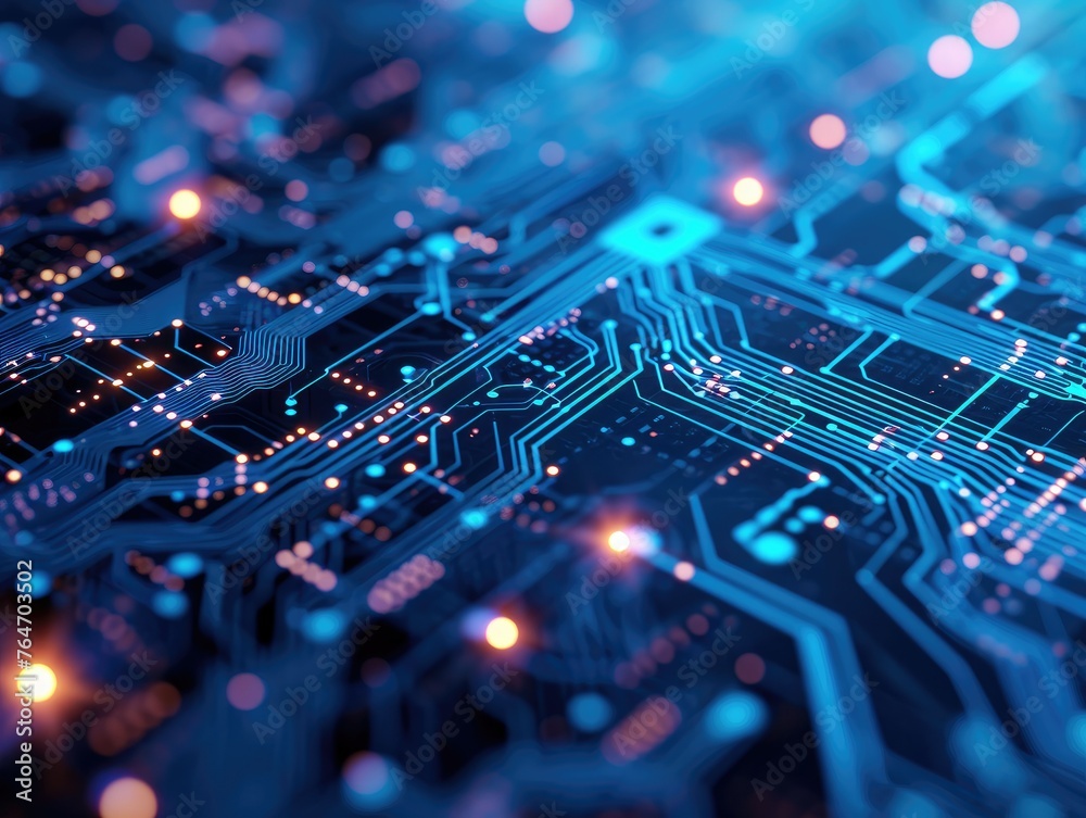 Conceptual cyber security image displaying a detailed blue micro ...