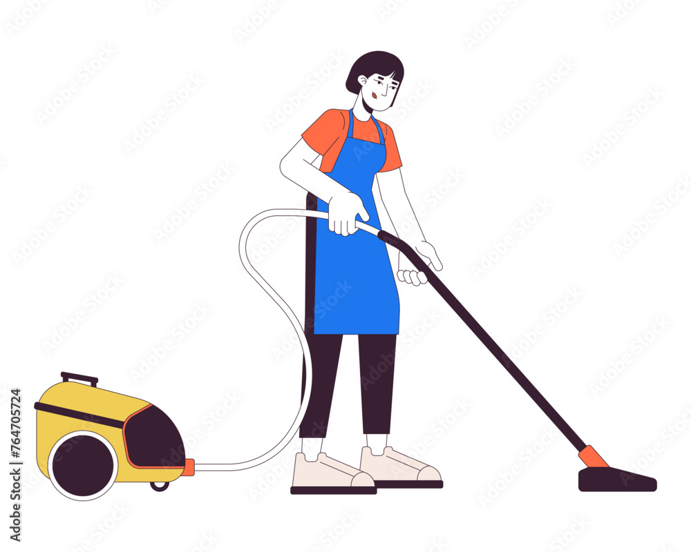Asian woman with vacuum cleaner 2D linear cartoon character. Hoovering ...