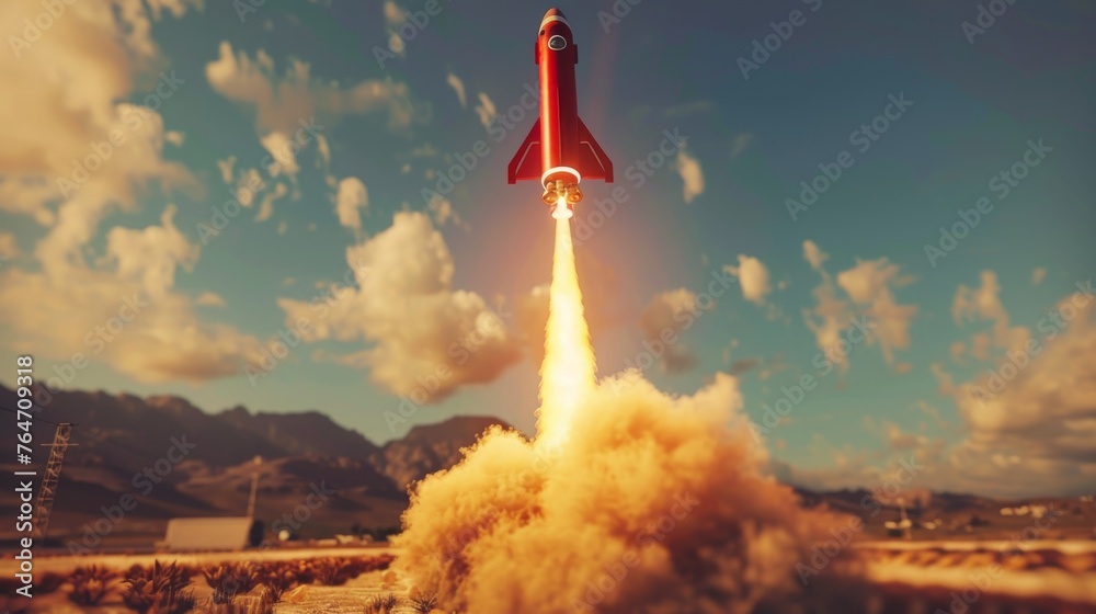 A red rocket is seen taking off into the sky, leaving a trail of smoke ...
