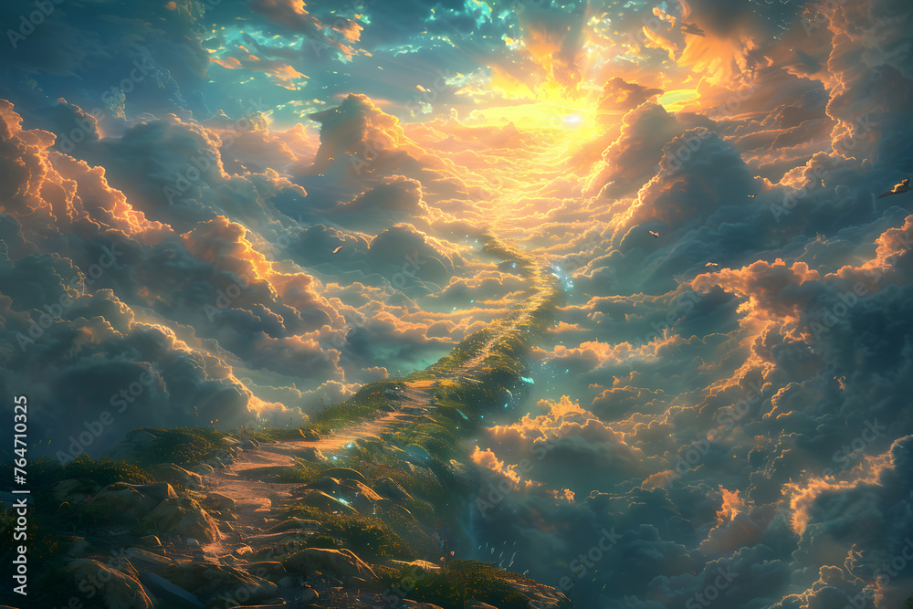 A serene pathway leading to heaven's gate, symbolizing a spiritual ...
