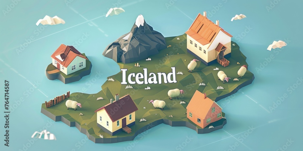 Illustration of Iceland island with the inscription "Iceland" in 3D ...
