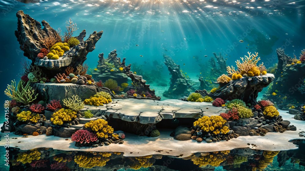Coral Reef Ocean Display Background, underwater stone stand, seaweed ...