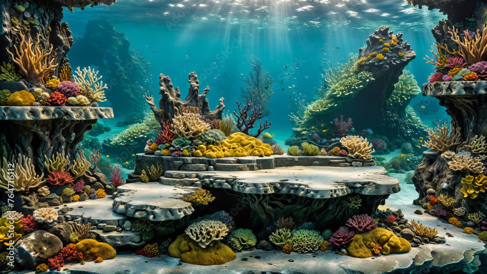 Coral Reef Ocean Display Background, underwater stone stand, seaweed ...