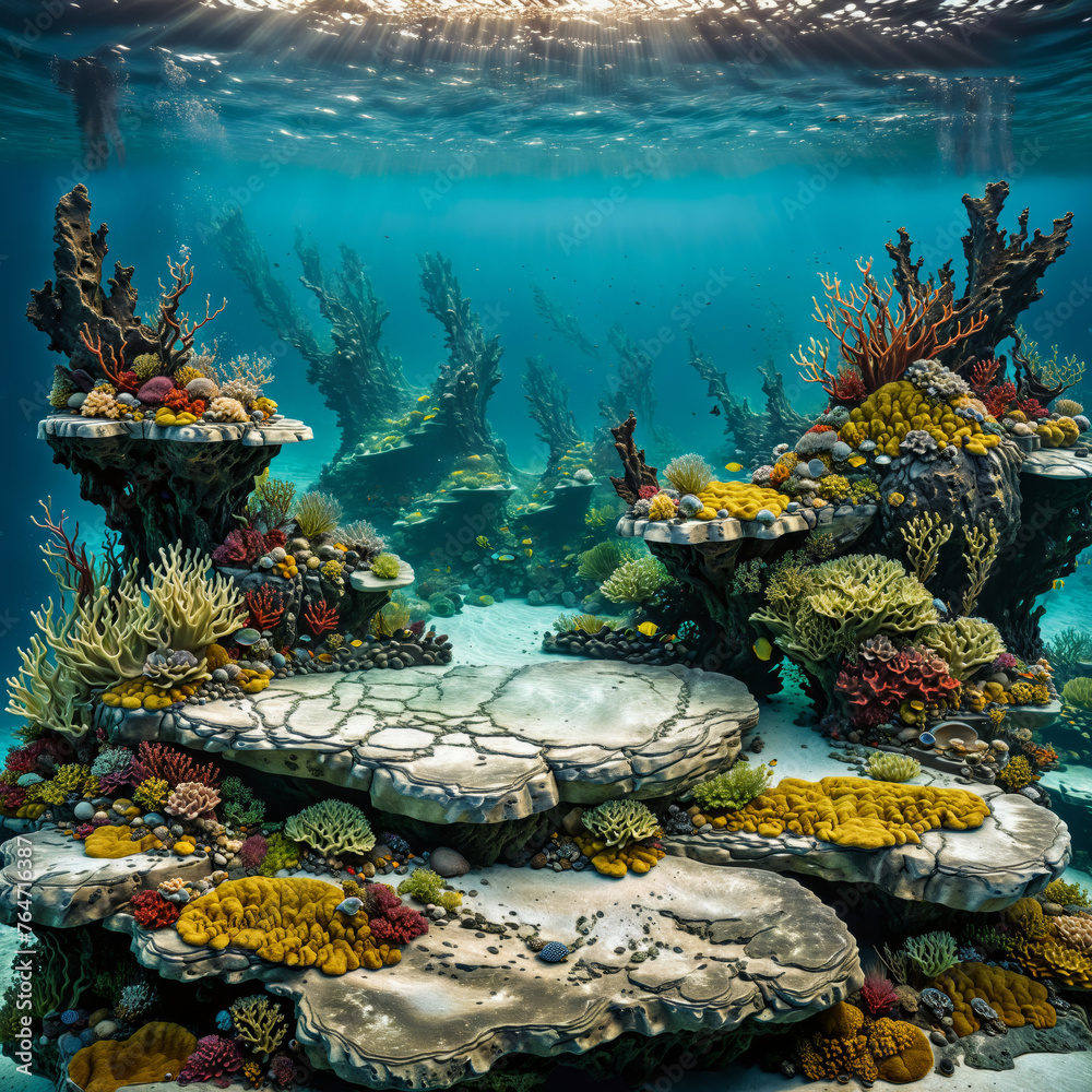 Coral Reef Ocean Display Background, underwater stone stand, seaweed ...