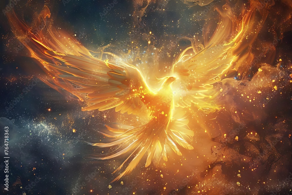 Enchanting portrayal of a divine phoenix, rising from the ashes of the ...