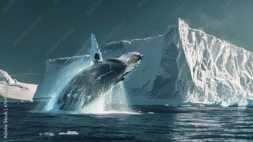 A humpback whale gracefully breaches out of the water, showcasing its ...