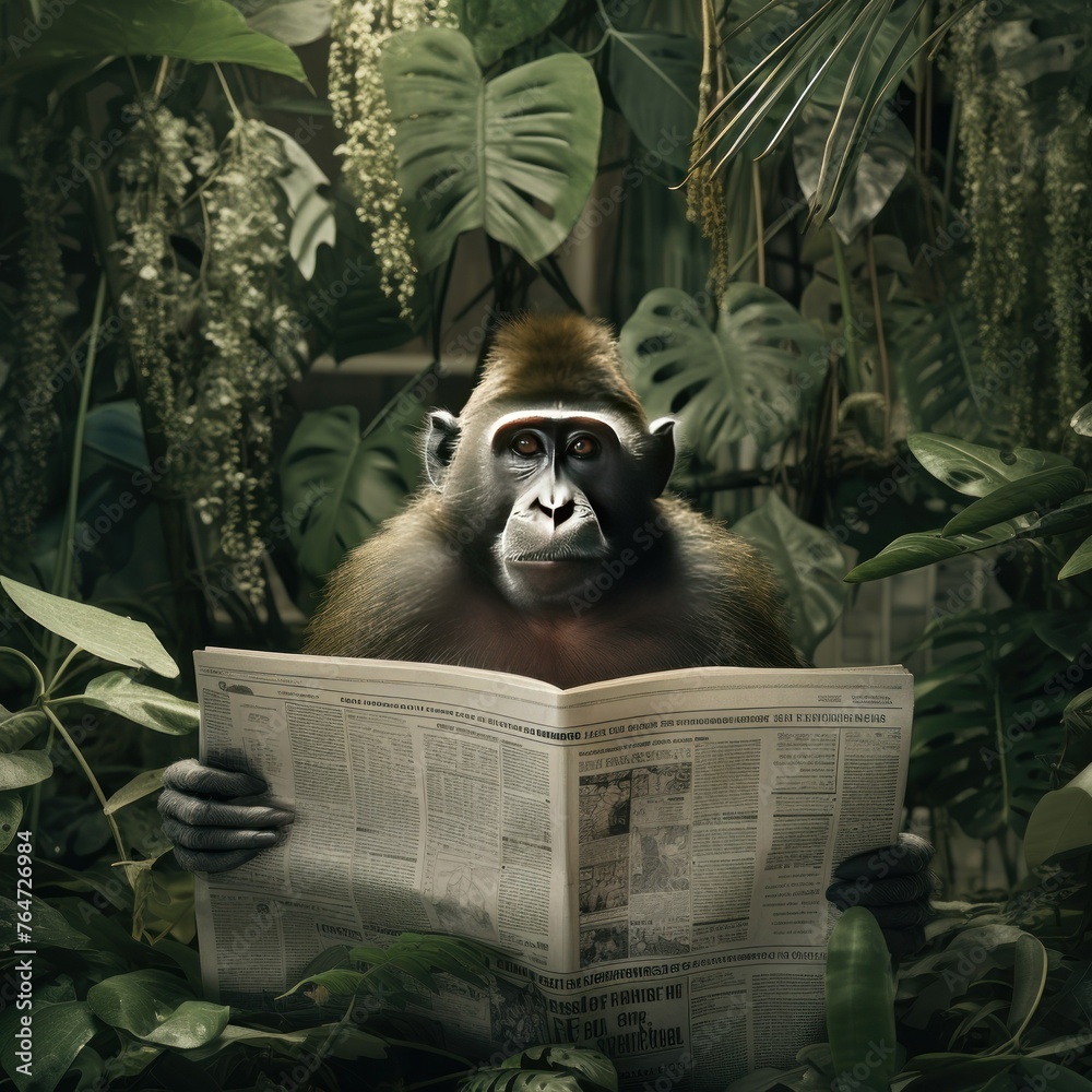 Depicting a monkey crafted from newspaper reading a newspaper in a ...