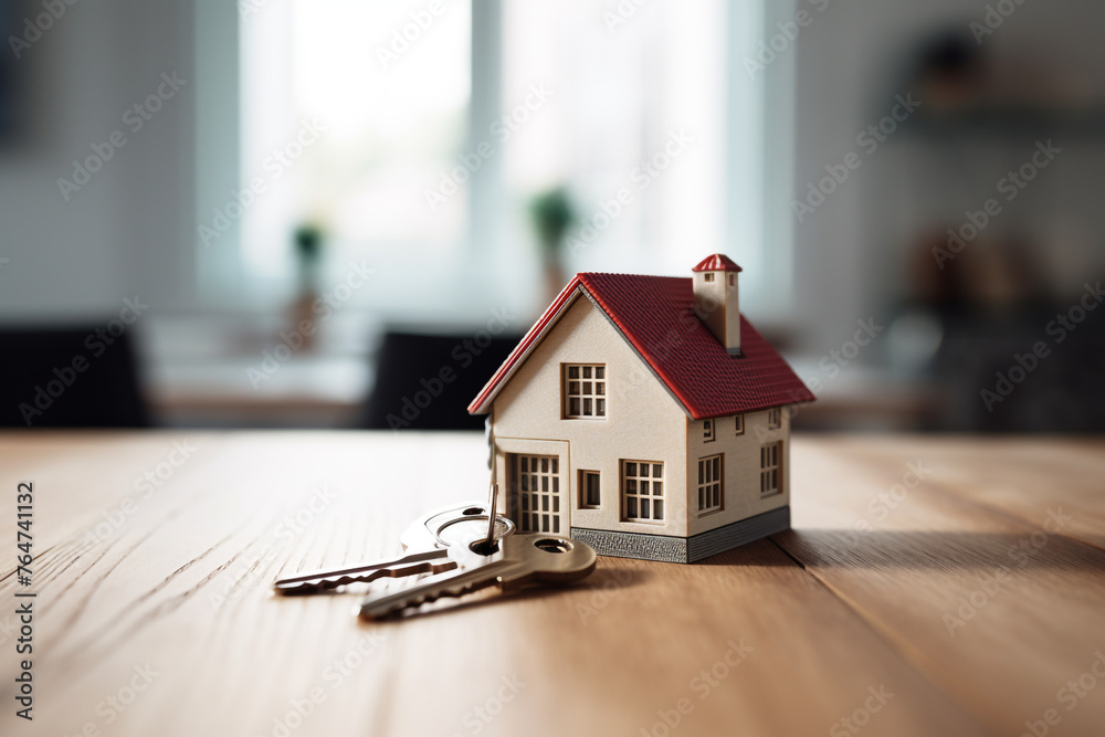 Image of keys on top of a modern table with a small modern style house ...