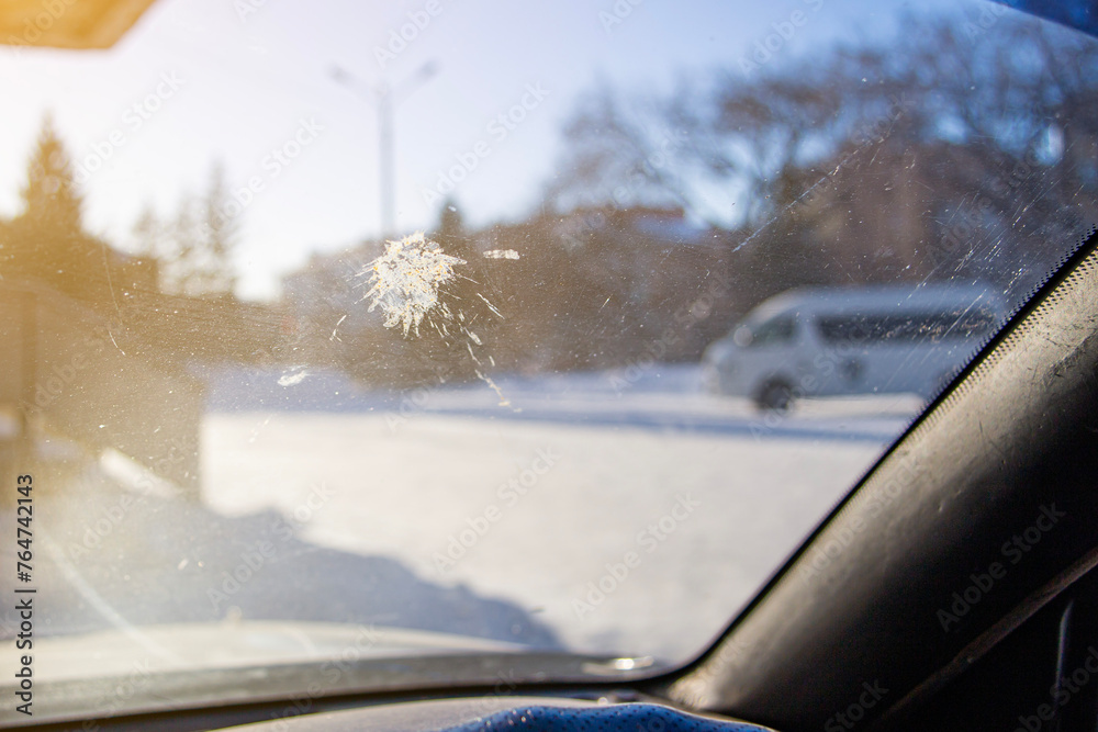 Bird droppings on the windshield of a car. The windshield of the car ...