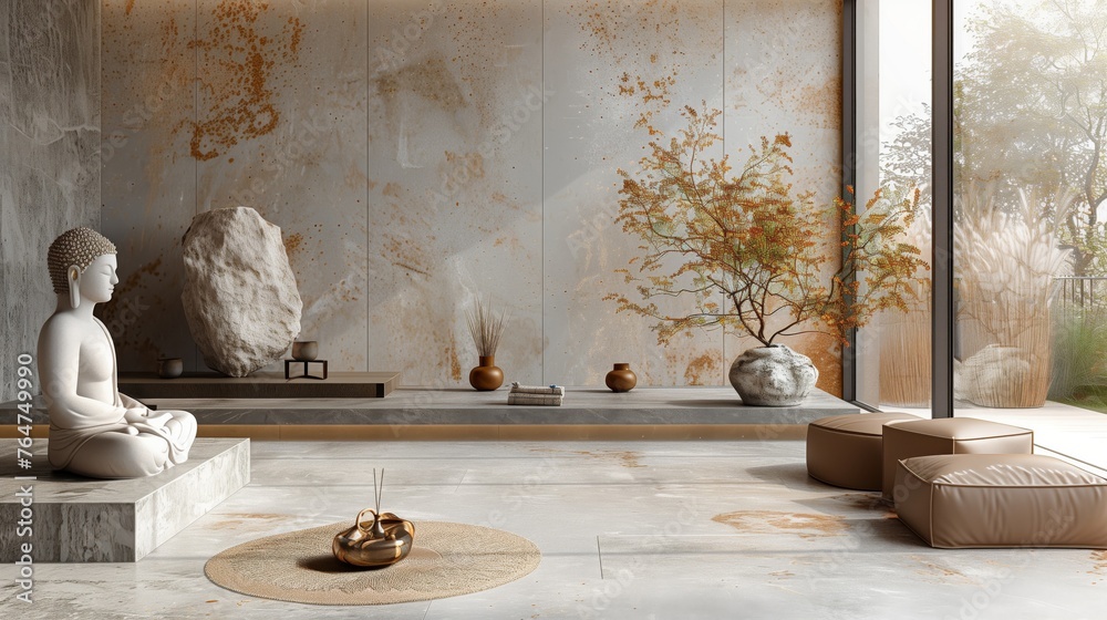 Serene meditation room with a buddha statue, natural elements, and a ...