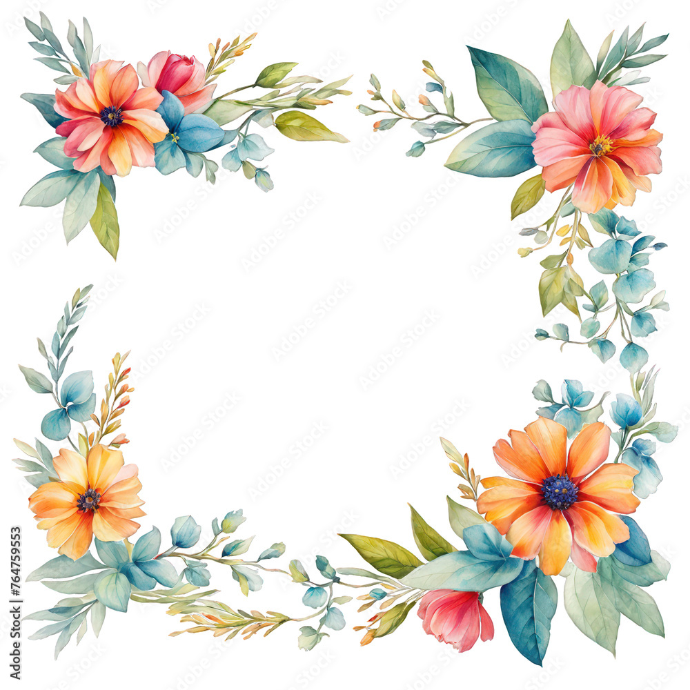 Colorful flower frame Lauren wreath style, flowers overlay watercolor ...