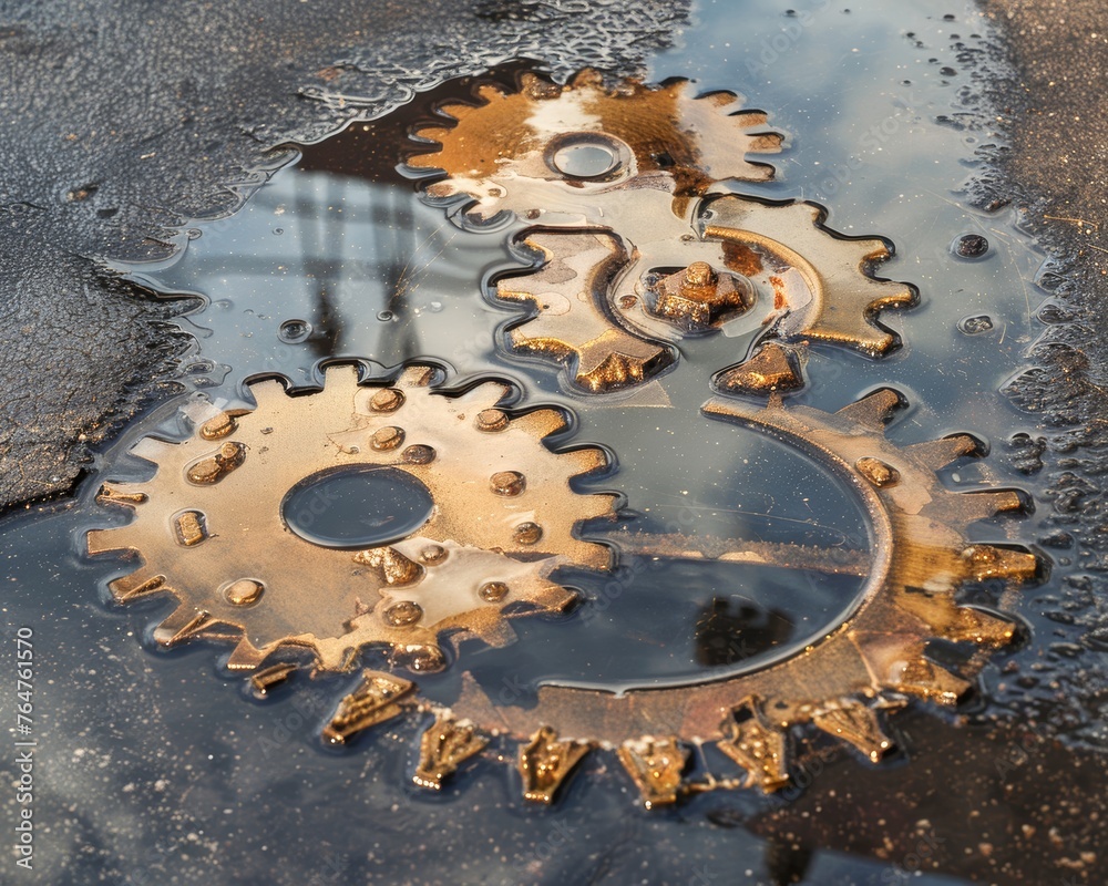 Distorted reflection of brass gears in oil puddles Stock Illustration ...