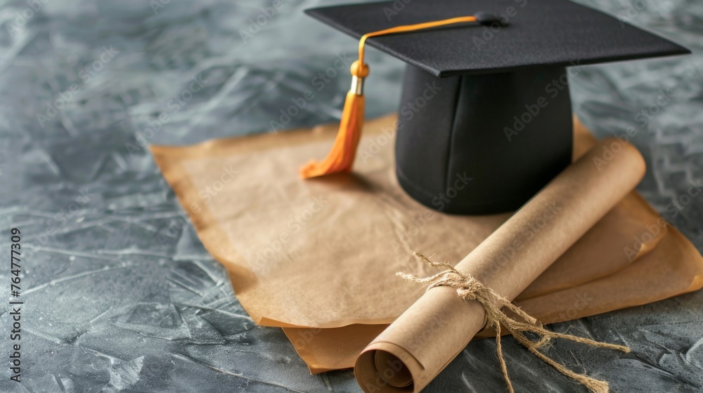 An iconic black graduation cap with an orange tassel beside an unrolled ...