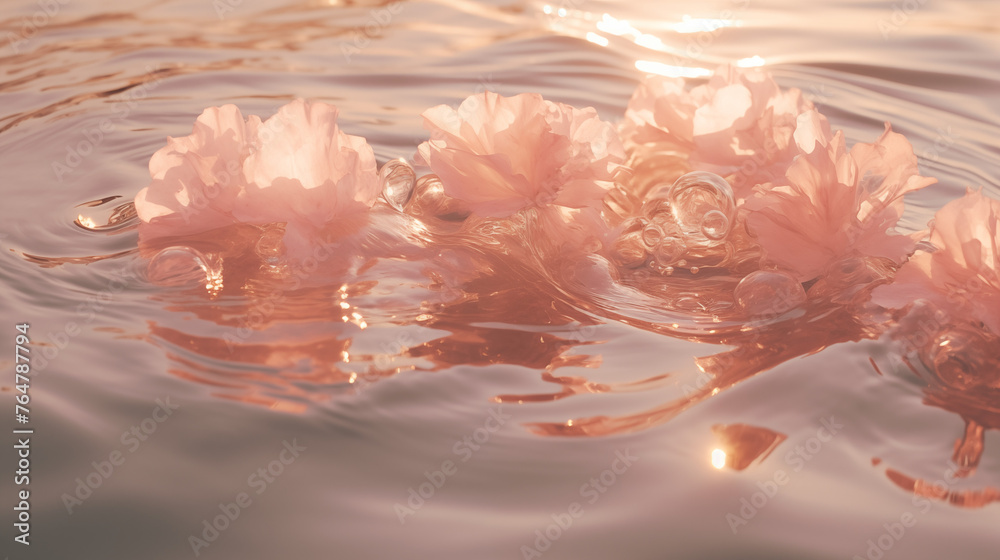 Gros plan sur des fleurs de cerisiers roses flottant sur une eau de ...