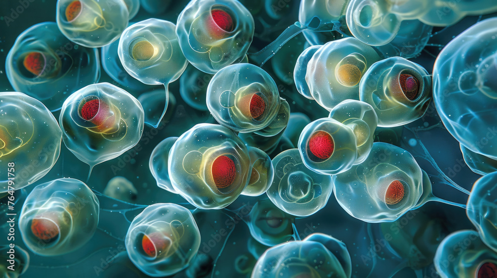 A cluster of red blood cells seen under a microscope. Each cell carries ...