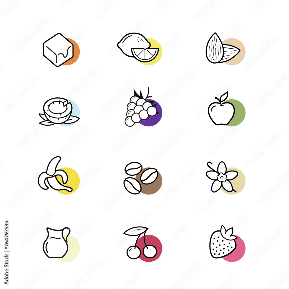 Taste, aroma, flavor set icons for food, drinks and sport nutrition ...