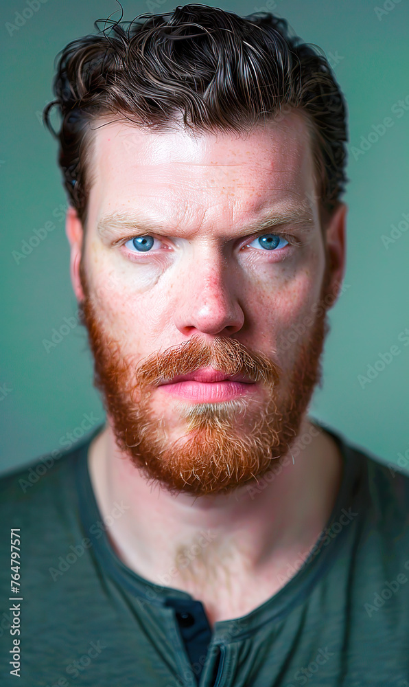 photo of a serious expression red haired man face with beard and short ...