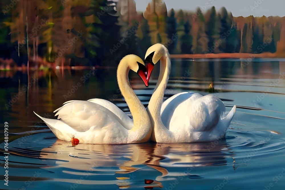 two beautiful swans on a lake shape heart with their long necks and ...