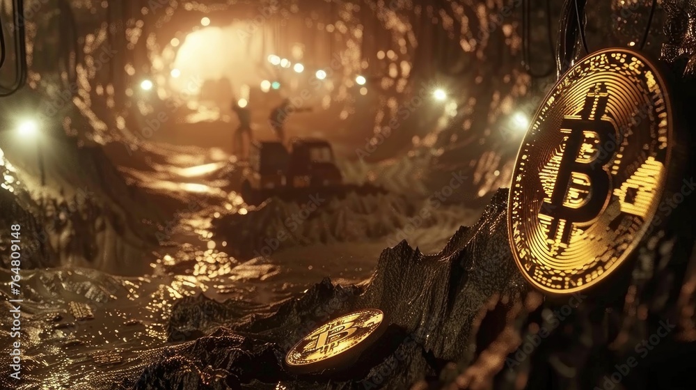 Bitcoin scarcity and digital gold rush, miners digging in a 3D virtual ...