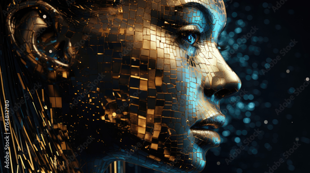 Artificial Intelligence and Virtual Reality concept. 3D human head made ...