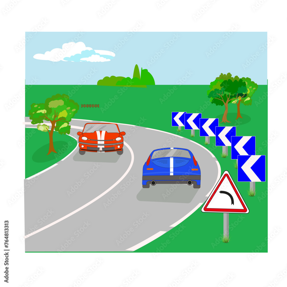 Panneau routier indiquant un virage dangereux avec croisement de deux autos en paysage rural ...