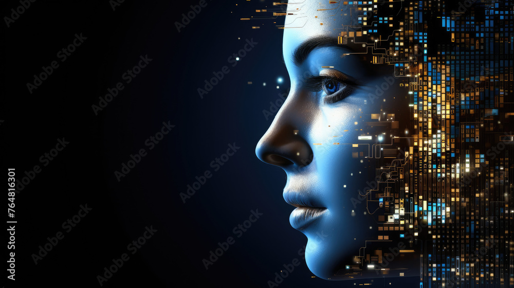 Artificial Intelligence and Virtual Reality concept. 3D human head made ...