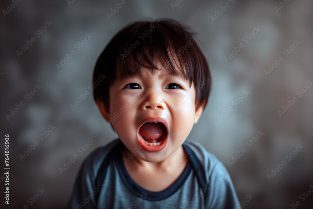 Young Asian boy shouting indoors. Concept of three year old crisis ...