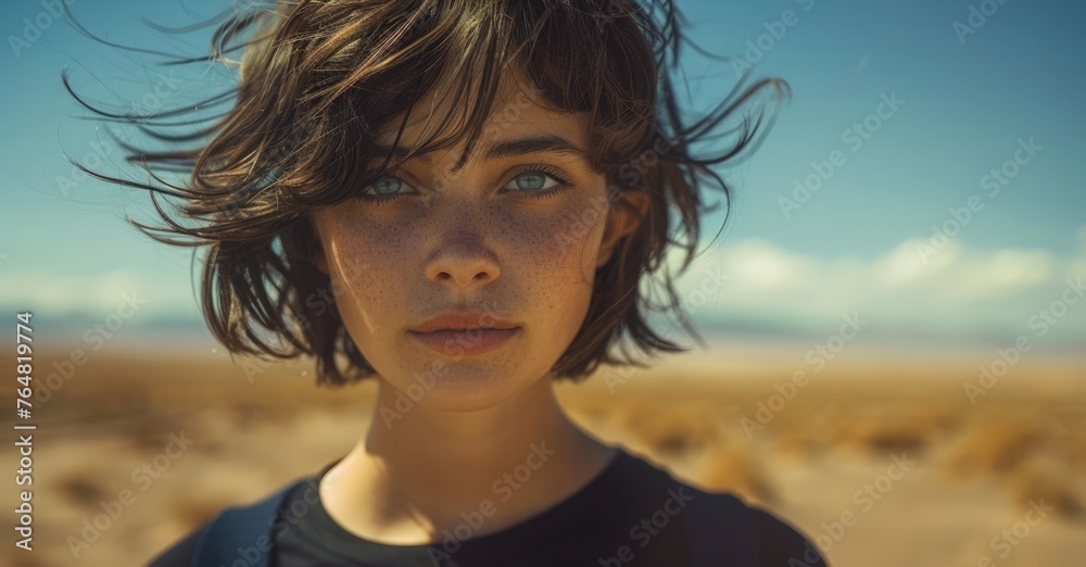 Beautiful brunette woman with short hair. Attractive girl portrait ...