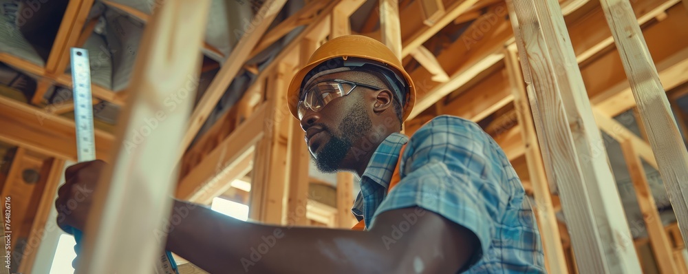 Focused construction worker accurately measures a wooden beam within a ...