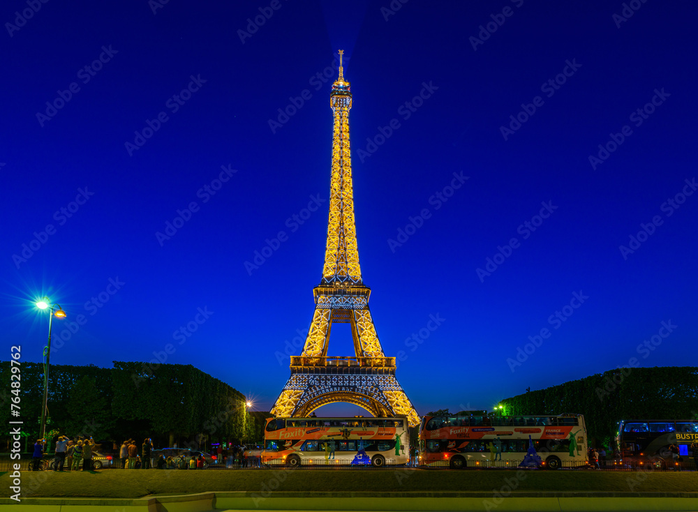 Night view of Eiffel Tower in Paris, France. Eiffel Tower is one of the ...