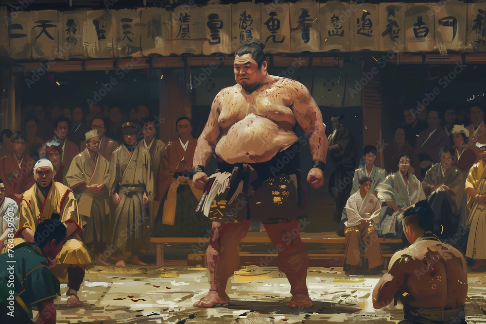 Heavyset athlete on the sumo ring. Traditional Japanese wrestling ...