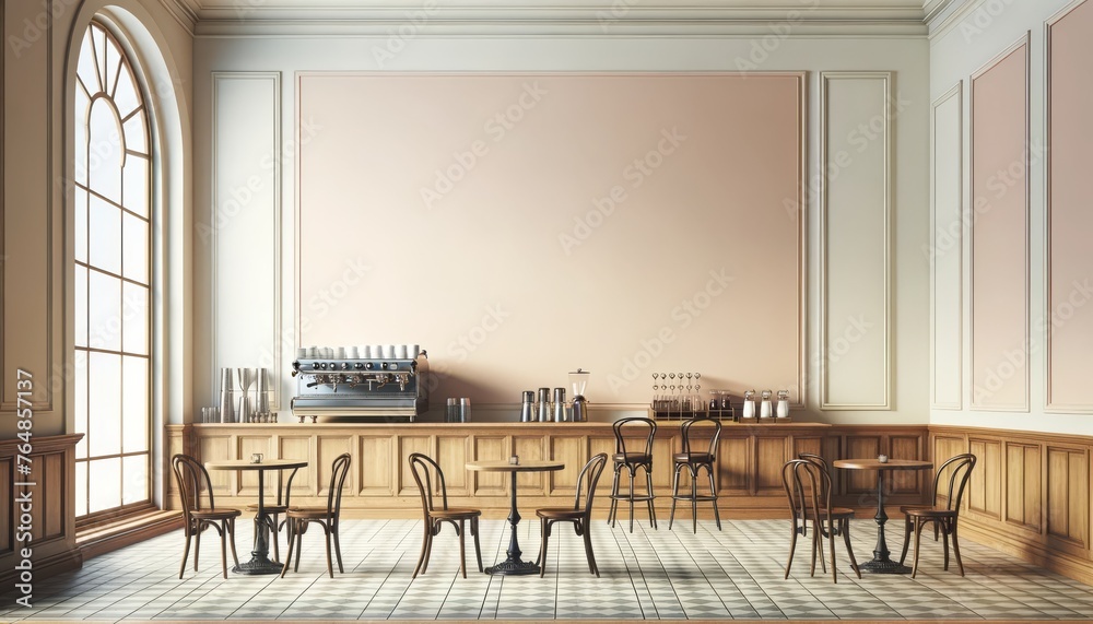 Minimalist Vintage Coffee Shop Interior with Arched Windows and Wooden ...