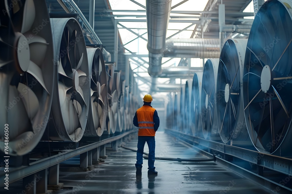Engineer inspecting cooling tower and HVAC system in large industrial building to regulate ...