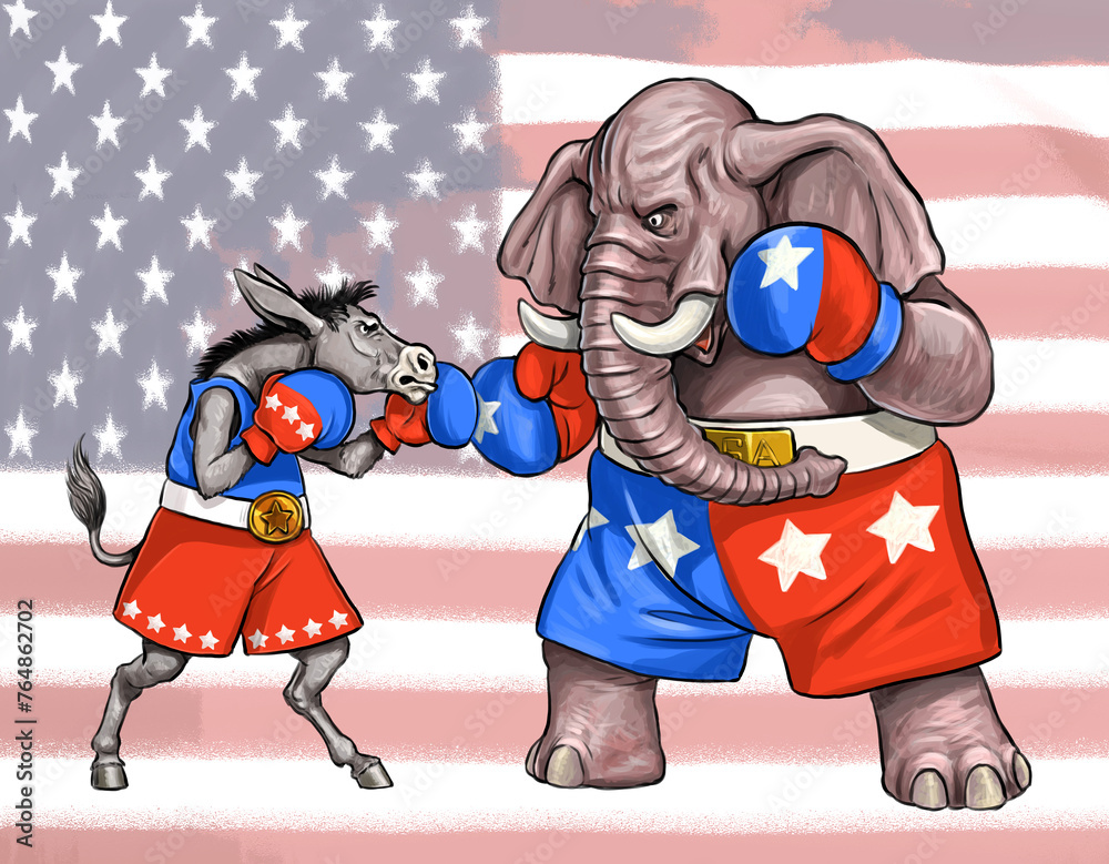 Boxing match between a donkey and an elephant. Political fight between ...