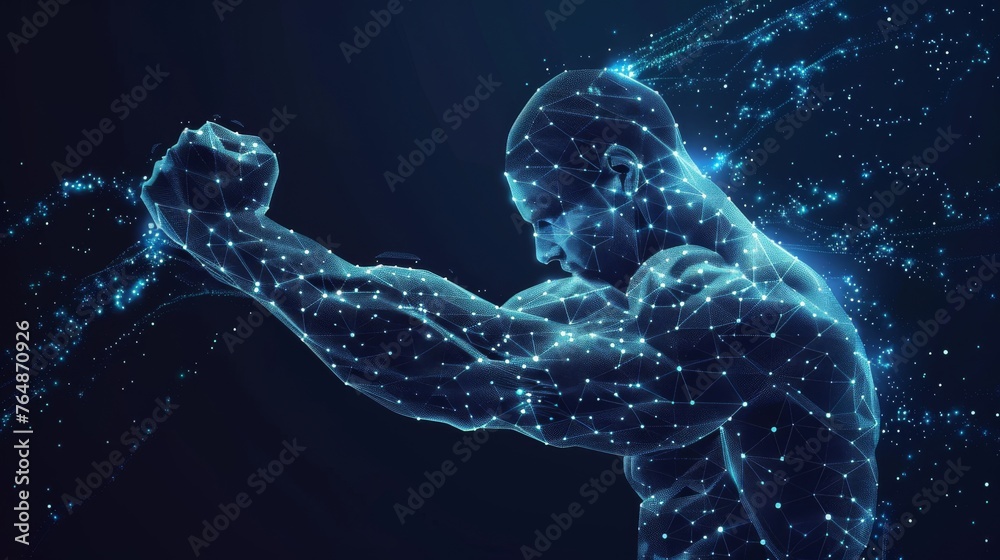 3D male hand muscles, flexed biceps with connected dots. Low poly ...