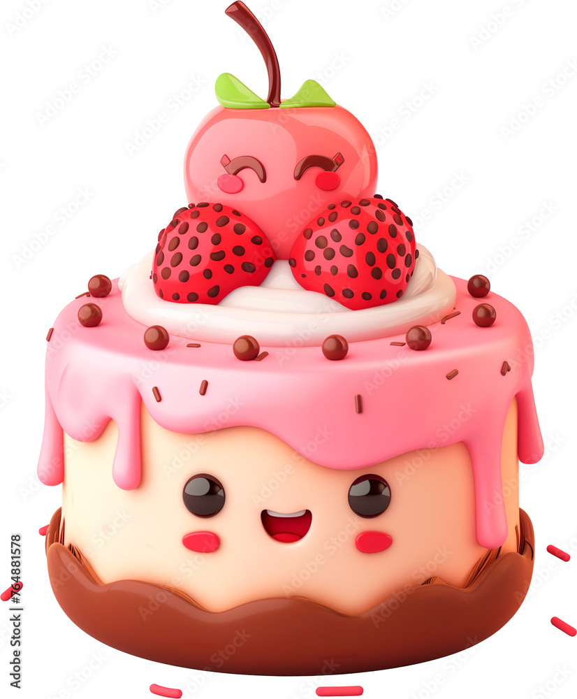 Cute pink character cake with strawberries 3d shape clipart. Isolated ...