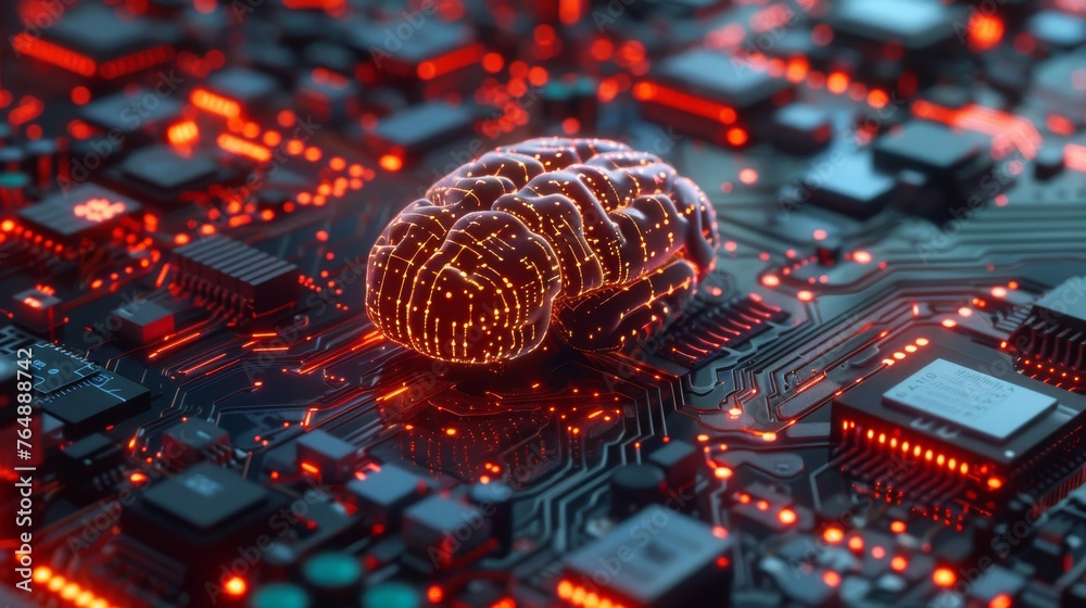 Neural network model overlaid on a digital circuit board, illustrating ...