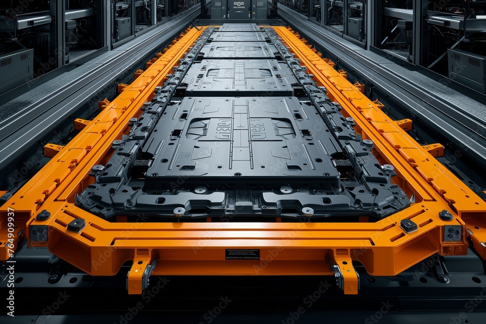 Assembly line rollers convey a car body in a vehicle manufacturing ...