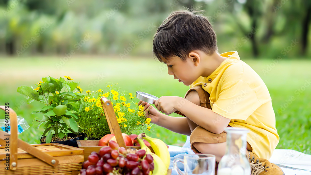 Mixed race little boy exploring the nature with magnifying glass ...